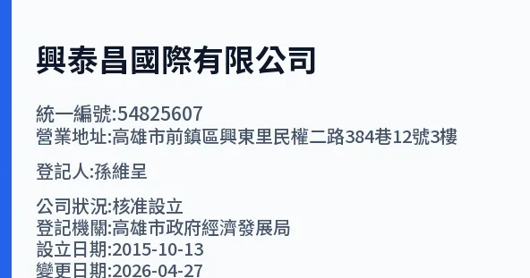 興泰昌國際有限公司的照片-統編 54825607(高雄市) 公司登記資料與營業項目詳細圖表