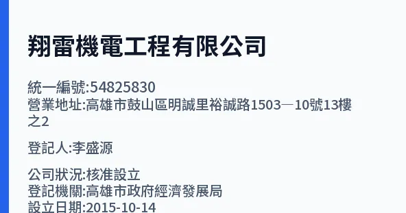 翔雷機電工程有限公司的照片-統編 54825830(高雄市) 公司登記資料與營業項目詳細圖表
