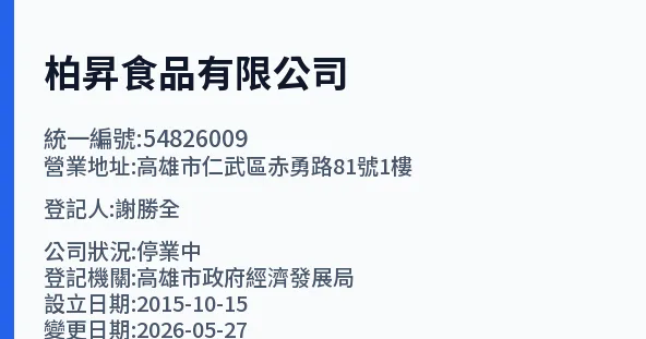 柏昇食品有限公司的照片-統編 54826009(高雄市) 公司登記資料與營業項目詳細圖表