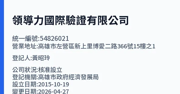 領導力國際驗證有限公司的照片-統編 54826021(高雄市) 公司登記資料與營業項目詳細圖表