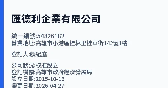 匯德利企業有限公司的照片-統編 54826182(高雄市) 公司登記資料與營業項目詳細圖表