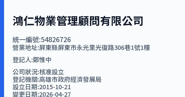 鴻仁物業管理顧問有限公司的照片-統編 54826726(屏東縣) 公司登記資料與營業項目詳細圖表