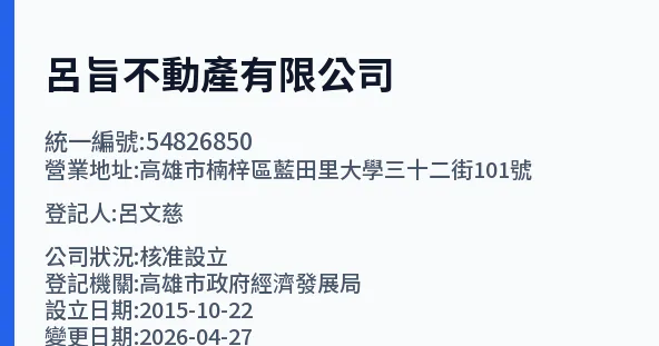 呂旨不動產有限公司的照片-統編 54826850(高雄市) 公司登記資料與營業項目詳細圖表