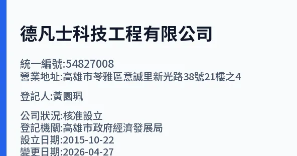 德凡士科技工程有限公司的照片-統編 54827008(高雄市) 公司登記資料與營業項目詳細圖表