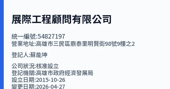 展際工程顧問有限公司的照片-統編 54827197(高雄市) 公司登記資料與營業項目詳細圖表