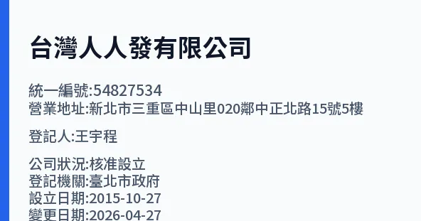 台灣人人發有限公司的照片-統編 54827534(新北市) 公司登記資料與營業項目詳細圖表