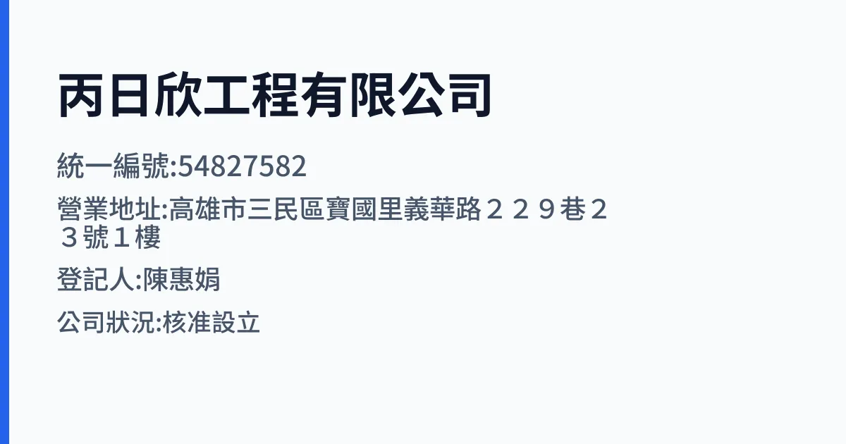 丙日欣工程有限公司 - 統編 54827582(高雄市) 公司登記資料與營業項目詳細圖表