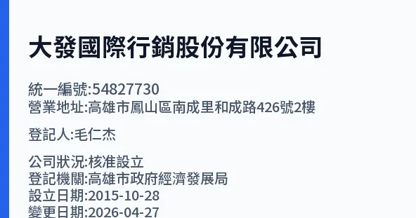 大發國際行銷股份有限公司的照片-統編 54827730(高雄市) 公司登記資料與營業項目詳細圖表
