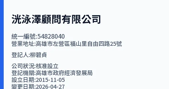 洸泳澤顧問有限公司的照片-統編 54828040(高雄市) 公司登記資料與營業項目詳細圖表
