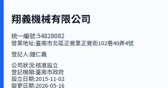 翔義機械有限公司的照片-統編 54828082(臺南市) 公司登記資料與營業項目詳細圖表