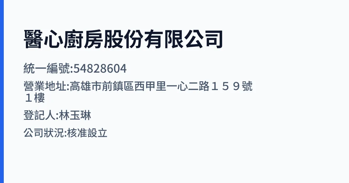 醫心廚房股份有限公司 - 統編 54828604(高雄市) 公司登記資料與營業項目詳細圖表