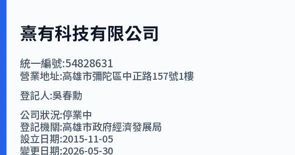 熹有科技有限公司的照片-統編 54828631(高雄市) 公司登記資料與營業項目詳細圖表