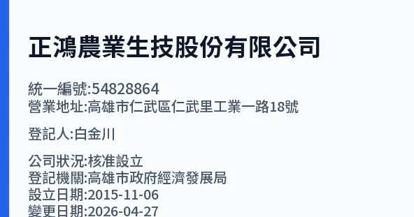 正鴻農業生技股份有限公司的照片-統編 54828864(高雄市) 公司登記資料與營業項目詳細圖表