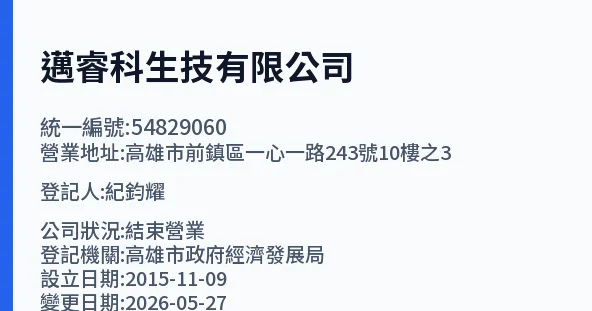 邁睿科生技有限公司的照片-統編 54829060(高雄市) 公司登記資料與營業項目詳細圖表