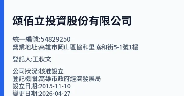 頌佰立投資股份有限公司的照片-統編 54829250(高雄市) 公司登記資料與營業項目詳細圖表