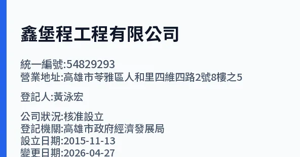 鑫堡程工程有限公司的照片-統編 54829293(高雄市) 公司登記資料與營業項目詳細圖表