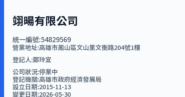 翊暘有限公司的照片-統編 54829569(高雄市) 公司登記資料與營業項目詳細圖表