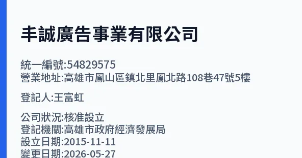 丰誠廣告事業有限公司的照片-統編 54829575(高雄市) 公司登記資料與營業項目詳細圖表
