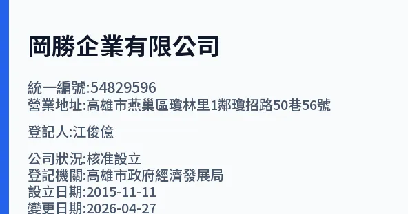 岡勝企業有限公司的照片-統編 54829596(高雄市) 公司登記資料與營業項目詳細圖表