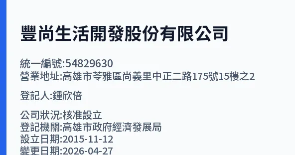 豐尚生活開發股份有限公司的照片-統編 54829630(高雄市) 公司登記資料與營業項目詳細圖表