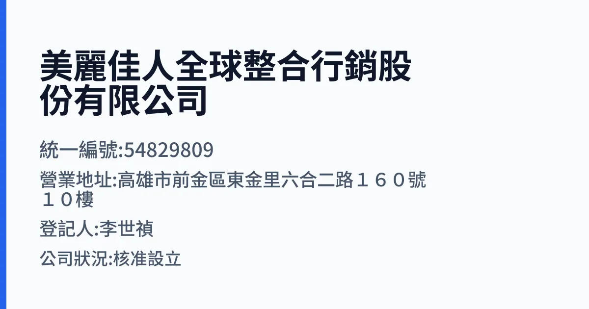 美麗佳人全球整合行銷股份有限公司 - 統編 54829809(高雄市) 公司登記資料與營業項目詳細圖表