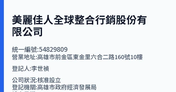 美麗佳人全球整合行銷股份有限公司的照片-統編 54829809(高雄市) 公司登記資料與營業項目詳細圖表