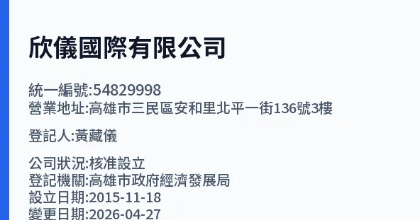 欣儀國際有限公司的照片-統編 54829998(高雄市) 公司登記資料與營業項目詳細圖表