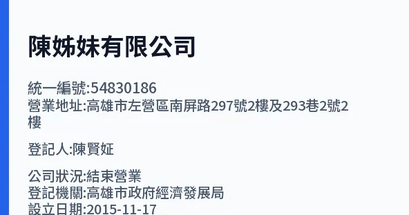 陳姊妹有限公司的照片-統編 54830186(高雄市) 公司登記資料與營業項目詳細圖表