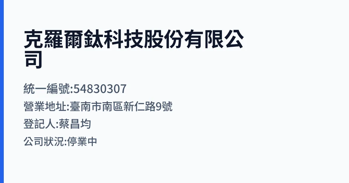 克羅爾鈦科技股份有限公司 - 統編 54830307(臺南市) 公司登記資料與營業項目詳細圖表