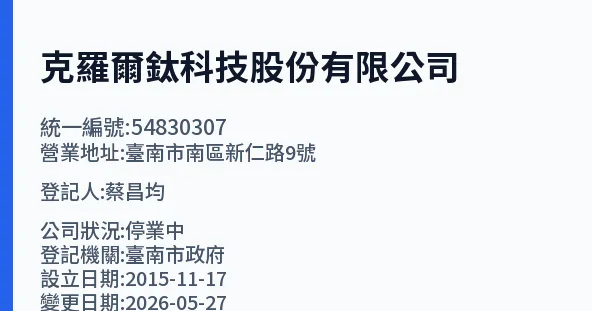 克羅爾鈦科技股份有限公司的照片-統編 54830307(臺南市) 公司登記資料與營業項目詳細圖表