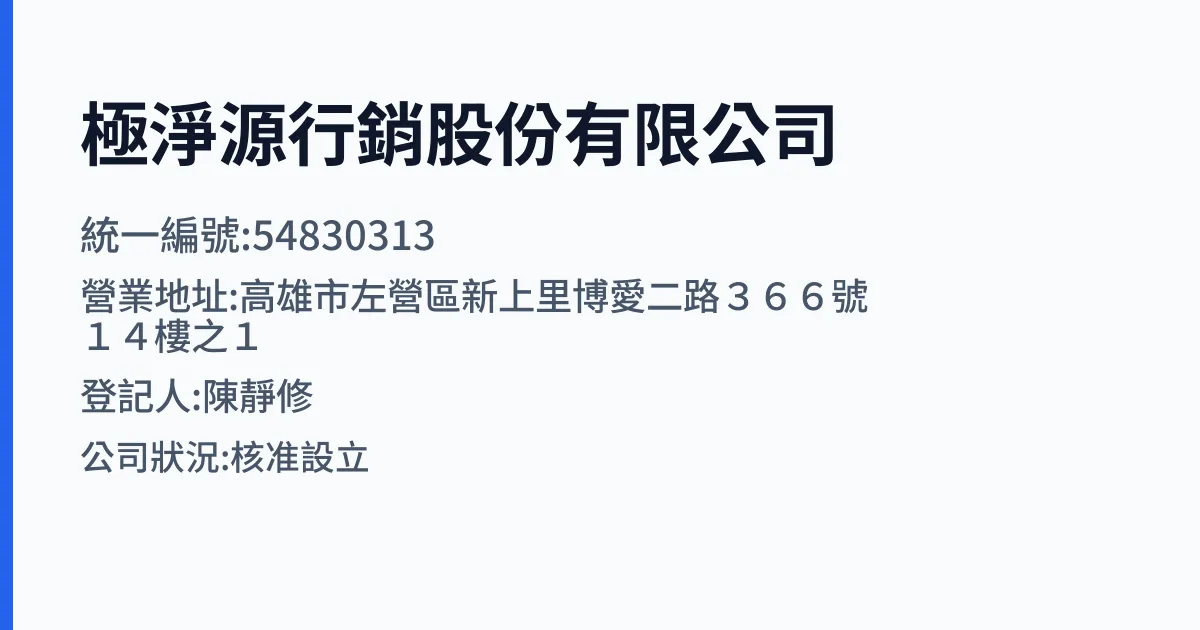 極淨源行銷股份有限公司 - 統編 54830313(高雄市) 公司登記資料與營業項目詳細圖表