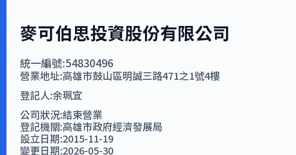 麥可伯思投資股份有限公司的照片-統編 54830496(高雄市) 公司登記資料與營業項目詳細圖表