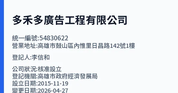 多禾多廣告工程有限公司的照片-統編 54830622(高雄市) 公司登記資料與營業項目詳細圖表
