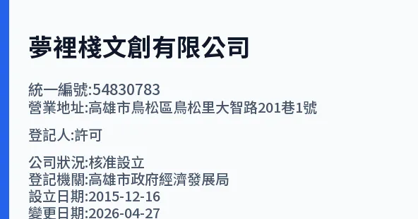 夢裡棧文創有限公司的照片-統編 54830783(高雄市) 公司登記資料與營業項目詳細圖表