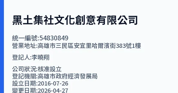 黑土集社文化創意有限公司的照片-統編 54830849(高雄市) 公司登記資料與營業項目詳細圖表