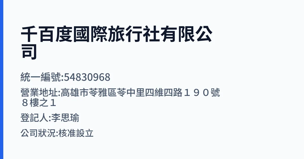 千百度國際旅行社有限公司 - 統編 54830968(高雄市) 公司登記資料與營業項目詳細圖表