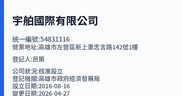 宇舶國際有限公司的照片-統編 54831116(高雄市) 公司登記資料與營業項目詳細圖表