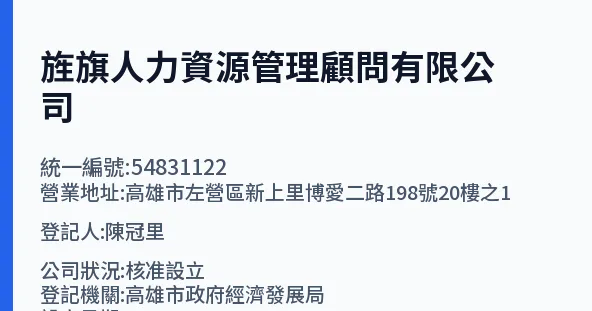 旌旗人力資源管理顧問有限公司的照片-統編 54831122(高雄市) 公司登記資料與營業項目詳細圖表