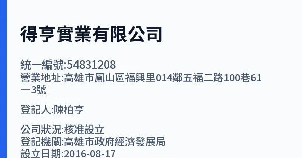 得亨實業有限公司的照片-統編 54831208(高雄市) 公司登記資料與營業項目詳細圖表