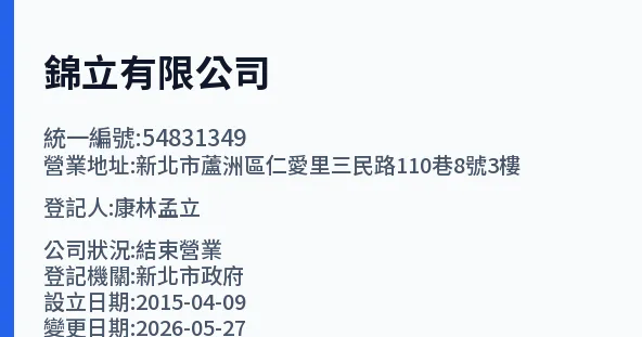 錦立有限公司的照片-統編 54831349(新北市) 公司登記資料與營業項目詳細圖表