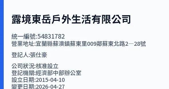 露境東岳戶外生活有限公司的照片-統編 54831782(宜蘭縣) 公司登記資料與營業項目詳細圖表