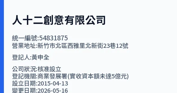人十二創意有限公司的照片-統編 54831875(新竹市) 公司登記資料與營業項目詳細圖表