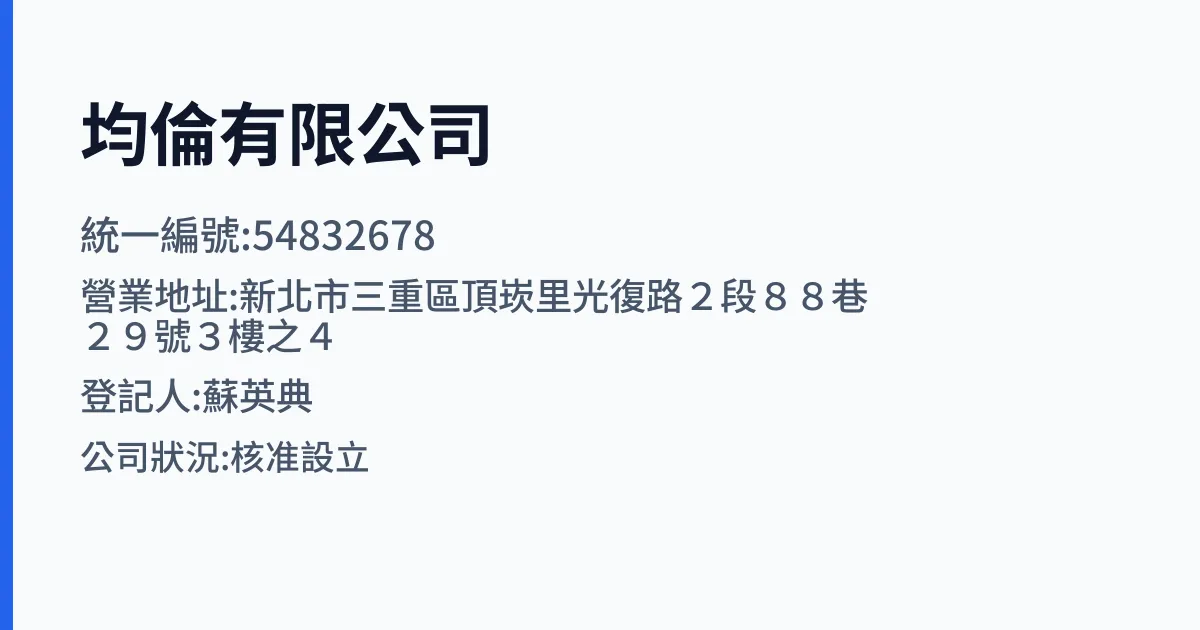 均倫有限公司 - 統編 54832678(新北市) 公司登記資料與營業項目詳細圖表