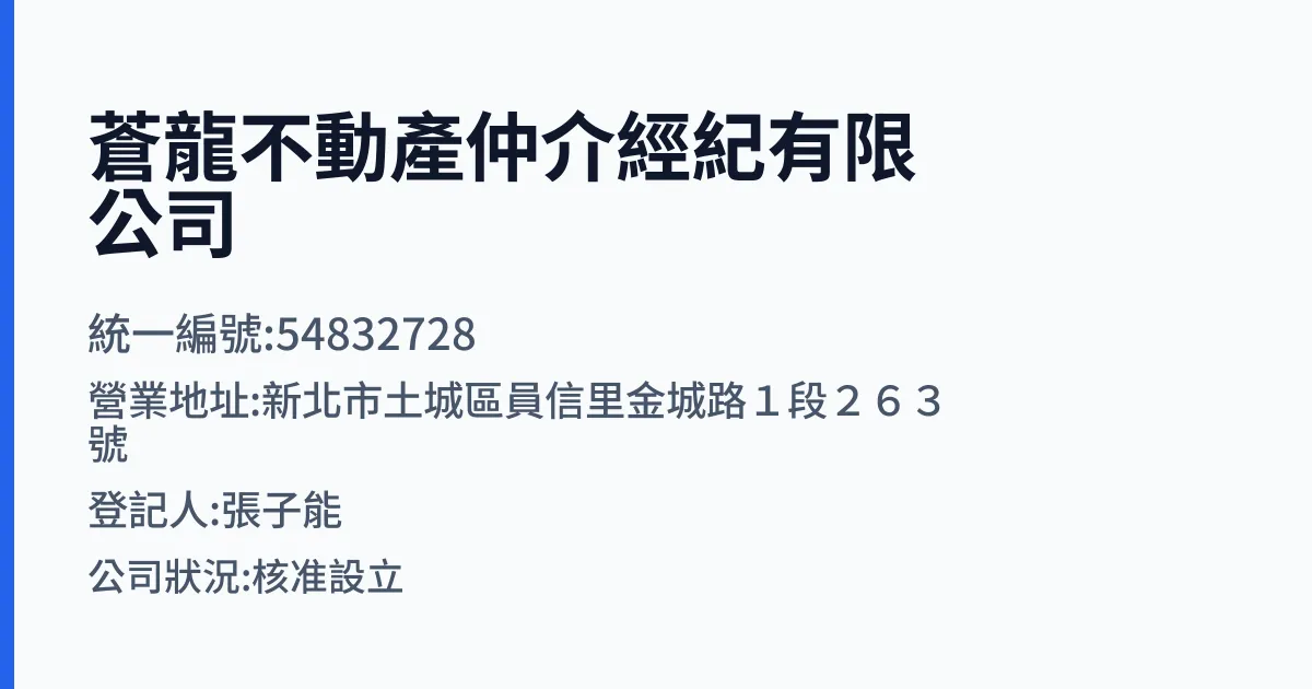 蒼龍不動產仲介經紀有限公司 - 統編 54832728(新北市) 公司登記資料與營業項目詳細圖表