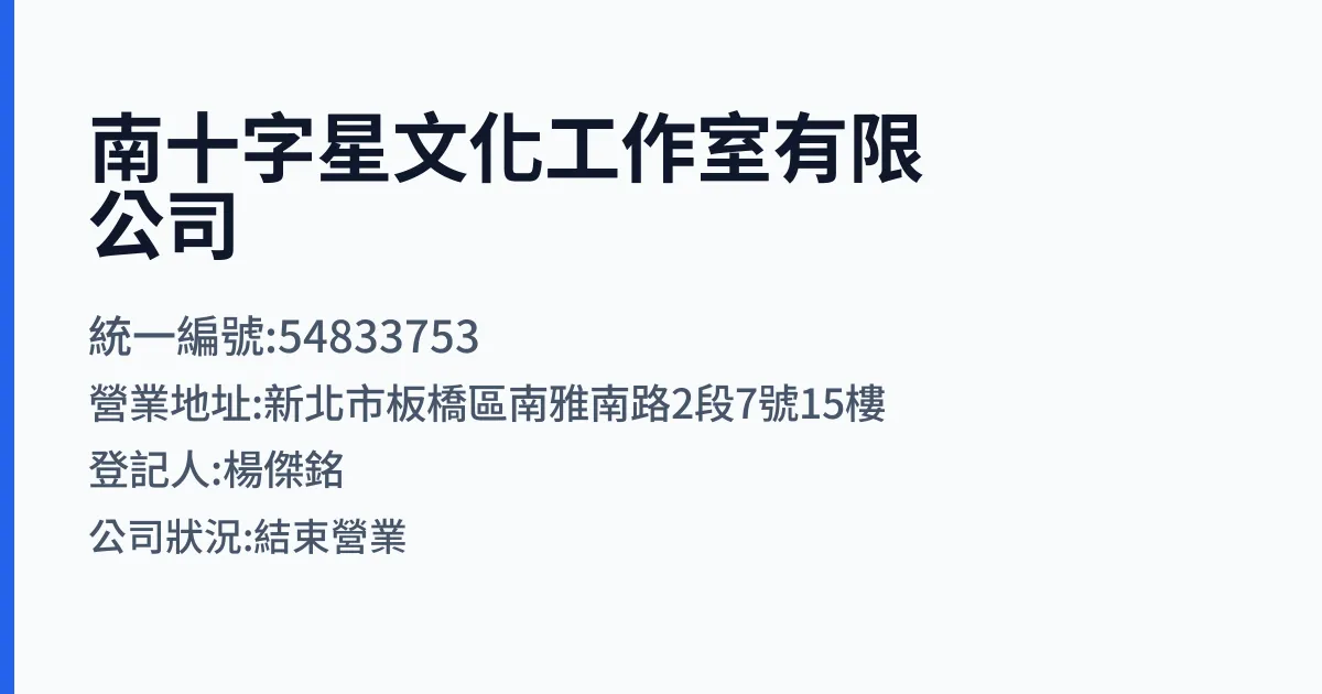 南十字星文化工作室有限公司 - 統編 54833753(新北市) 公司登記資料與營業項目詳細圖表