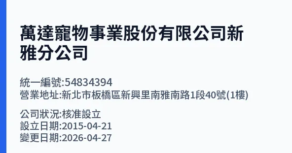 萬達寵物事業股份有限公司新雅分公司的照片-統編 54834394(新北市) 公司登記資料與營業項目詳細圖表