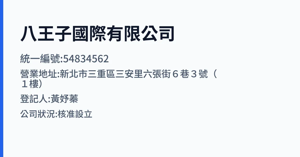 八王子國際有限公司 - 統編 54834562(新北市) 公司登記資料與營業項目詳細圖表