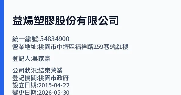 益煬塑膠股份有限公司的照片-統編 54834900(桃園市) 公司登記資料與營業項目詳細圖表