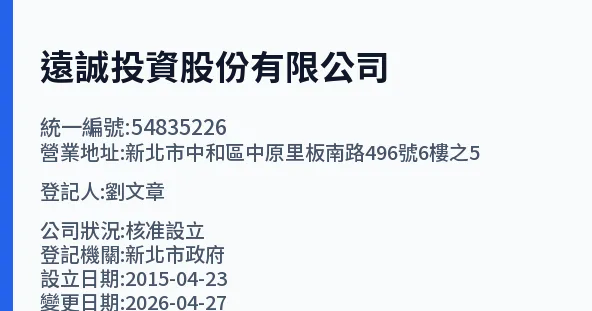 遠誠投資股份有限公司的照片-統編 54835226(新北市) 公司登記資料與營業項目詳細圖表