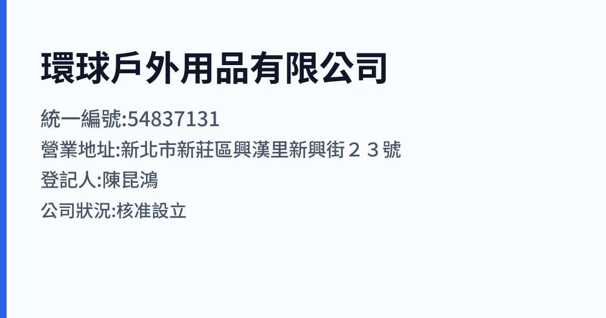 環球戶外用品有限公司 - 統編 54837131(新北市) 公司登記資料與營業項目詳細圖表